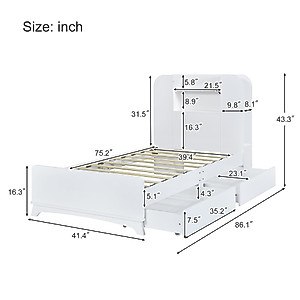 Jintop Twin Size Platform Bed Frame with 2 Drawers and Light Strip Design in Headboard,Bedroom Storage Wood Bed W/ 3 Bedside Open Shelves,Slat Support,for Girl Boy Kid,White