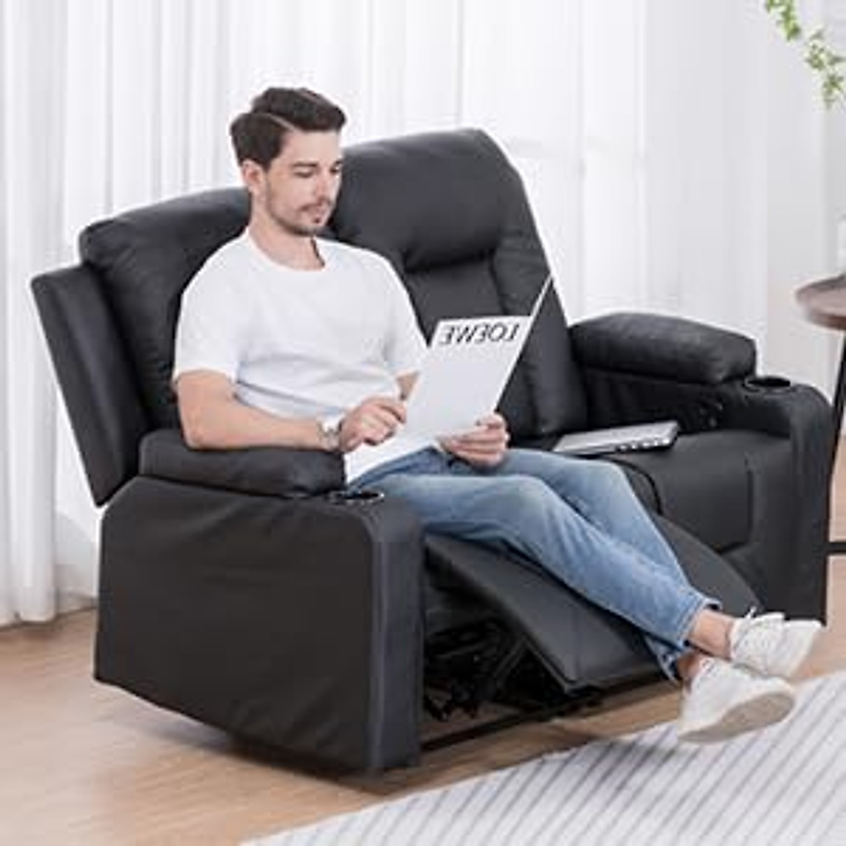 COMHOMA Leather Recliner Modern Loveseat Sofa, 2 Leather Recliner Chair,Modern Small Sofa Couch,2 Seater PU Loveseat,Modern Couches for Living Room with Drink Holders Living Room Chair Loveseat Sofa