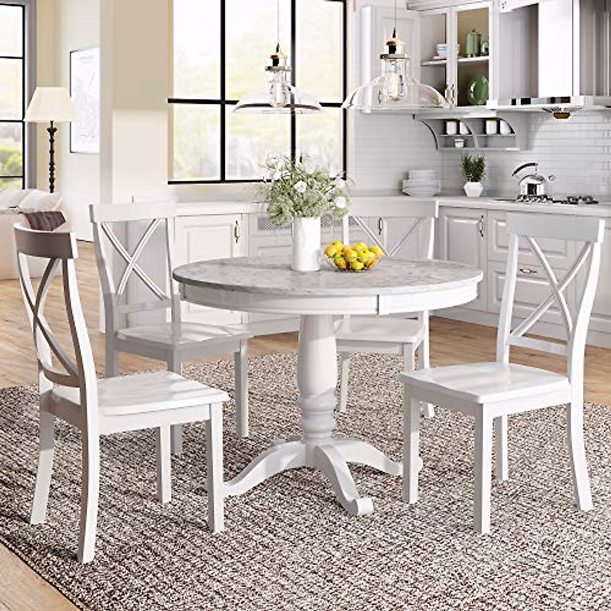 Dinehome 5-Piece Kitchen Room Solid Wood Round Dining Table and Chairs Set for 4, White