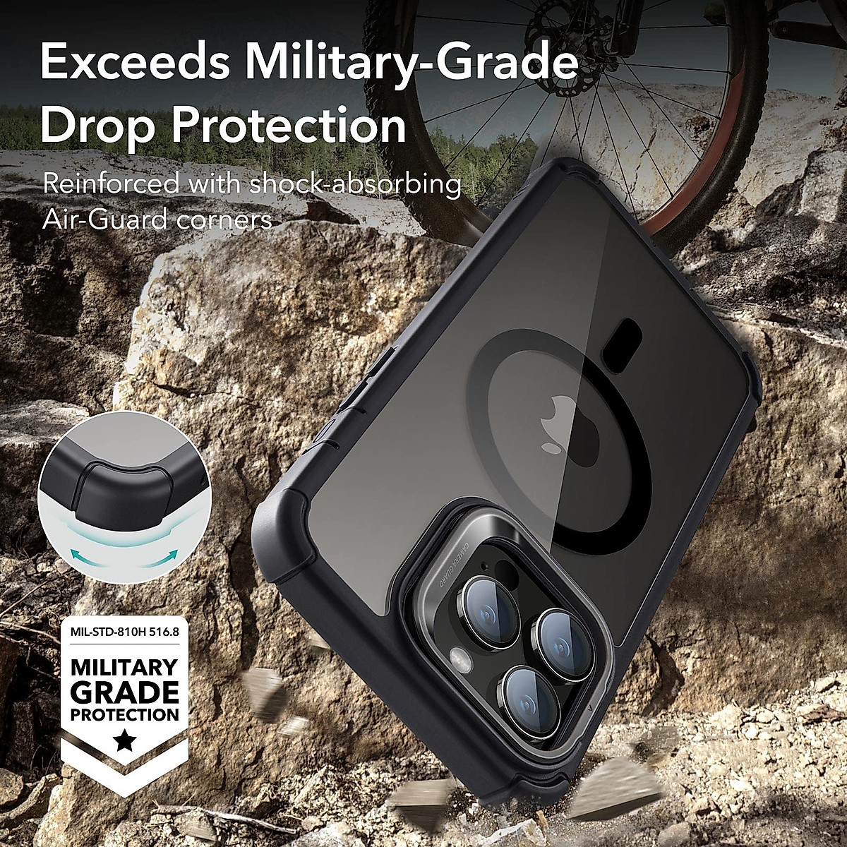 ESR for iPhone 14 Pro Case with Stand, Compatible with MagSafe, Full-Body Military-Grade Drop Proof Case with Built-in 9H+ Tempered Glass Screen Protector, Armor Series, Clear Black