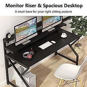Tribesigns Office Desk with Monitor Stand, 55 Inch Large Modern Computer Desk Gaming Table Studying Writing Desk Workstation with Hutch for Office & Home Office, Black