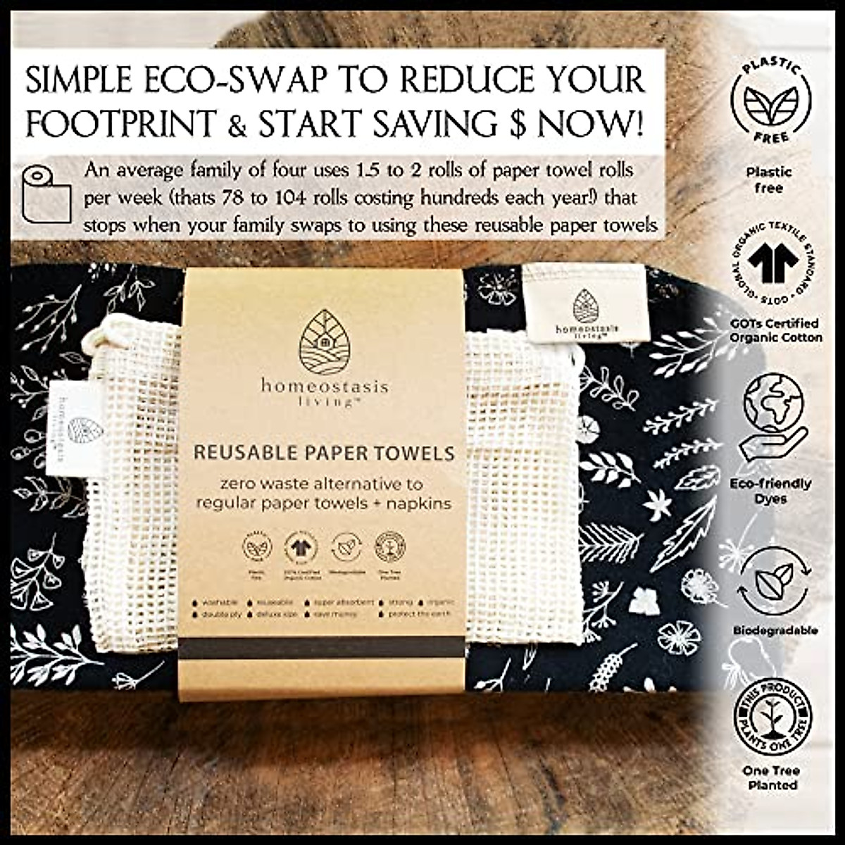 Homeostasis Living REusable Paper Towels with Cotton Wash Bag | Botanical-Charcoal Zero Waste Gift | Eco Friendly Paper Towels, Napkins Cloth Washable Reusable Paper Towel Roll, Paperless Paper Towels
