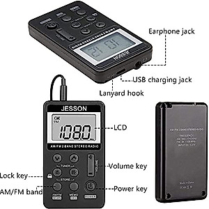 Personal Digital AM FM Pocket Radio, Portable Digital Tuning Stereo AM FM Radio with Earphone and Rechargeable Battery for Walk-Black