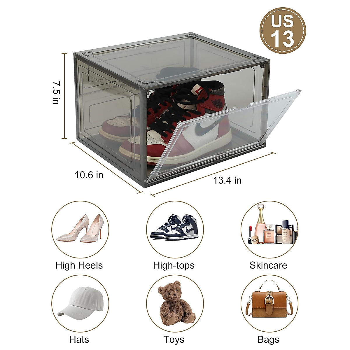 EOENVIVS Shoe Storage Boxes Large Shoe Boxes Fit Size 13, 6 Pack Clear Plastic Shoe Organizer with Stackable Design and Magnetic Door, Space Saving Shoe Containers for Boots and Sneakers, Grey