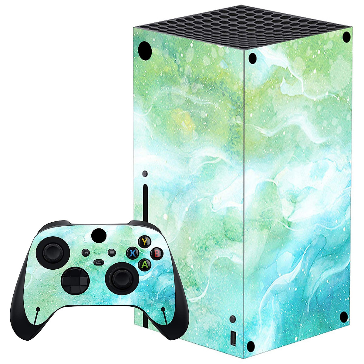PlayVital Blue Green Watercolour Custom Vinyl Skins for Xbox Series X, Wrap Decal Cover Stickers for Xbox Series X Console Controller