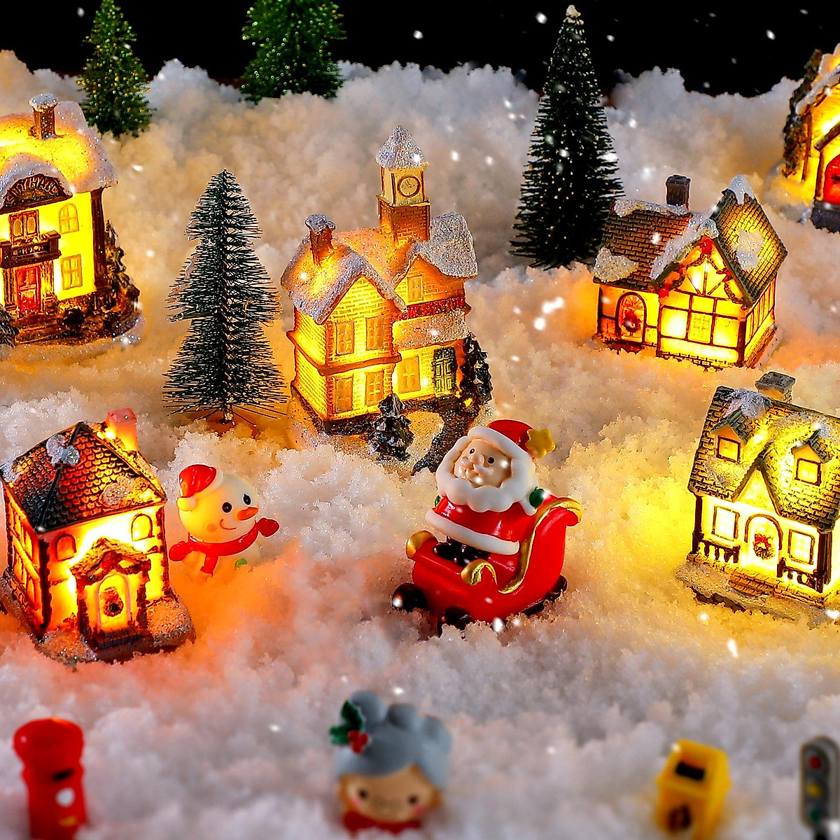 Woanger 29 Pieces Christmas Village Set LED Lighted Houses for Christmas Village Xmas Scene Figurines Decoration Crafted Poly Resin Collectables for Holiday Party Decor