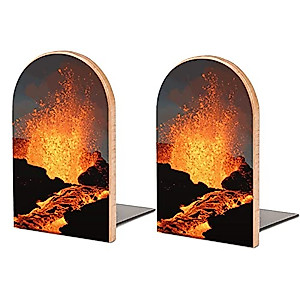 Magma Volcanoes Eruption Wooden Bookends 1 Pair Book Stand Anti-Skid Book Organiser for Office Desktops Shelves CDs Decor