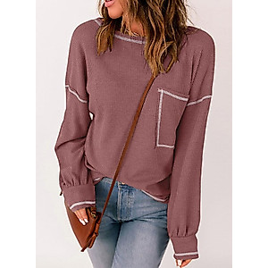 SHEWIN Womens Fall Shirt Tops Dressy Casual Loose Fit Waffle Knit Crewneck Tunic Tops 2024 Women Clothes,(US 18-20) 2XL,Mineral Red