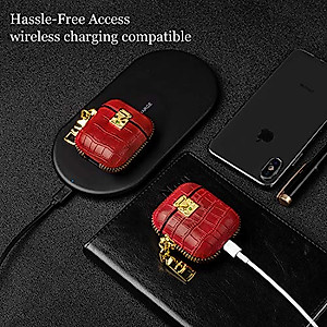 WEISHIJIE Case for AirPods 1, AirPods 2, Genuine Leather AirPods Case with Crocodile Pattern & Electroplating Metal Keychain & Gold Buckle (Red)