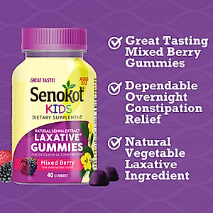 Senokot Kids Mixed Berry Laxative Gummies for Age 2+, Senna Extract for Gentle, Overnight Relief from Occasional Constipation, 40 ct