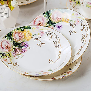 Porcelain Dinner Set Luxury Ceramic Dinnerware Set, Phnom Penh Plates and Bowl Dishes Set, Flowers Underglaze Dinner Sets for Family Party, Service for 6-8