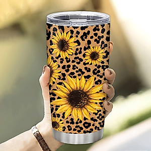 Hyturtle Personalized Gifts For Sunflower Lover - Sunflower Leopard Prints Custom Name Stainless Steel Tumbler 20oz With Lid - Idea Floral Lover Gifts For Women Girl On Birthday, Christmas