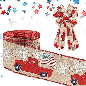Threetols Patriotic Wired Edge Ribbons 2.5" 10 Yards, Red Truck Wired Ribbon Veterans Day America Flag Fabric Craft Ribbon Fireworks Ribbon for Holiday Party DIY Craft Patriotic Decoration Wreaths Bow