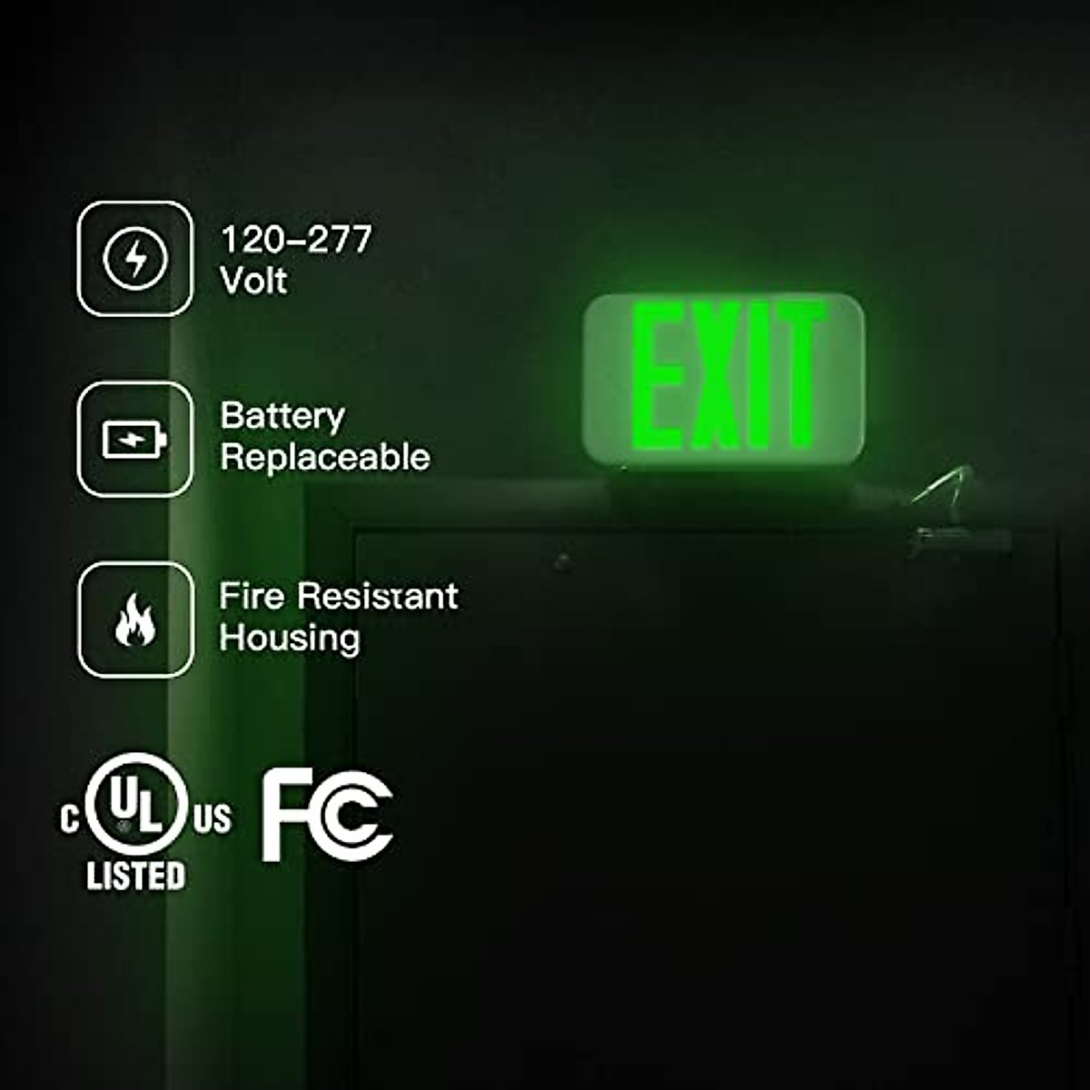 FREELICHT Green LED Exit Sign with Battery Backup，Exit Sign for Business，Easy to Install，UL Certified，AC 120/277V，Pack of 10