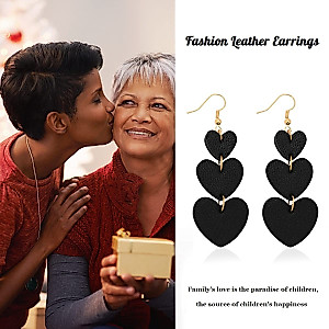 Jagucho Leather Earrings Dangle for Women, Lightweight Heart Earrings Drop (Black 42)