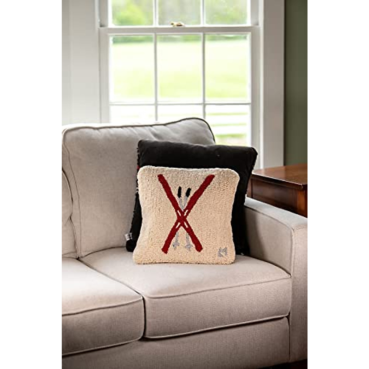 Chandler 4 Corners Artist-Designed Crossed Skis Hand-Hooked Wool Decorative Christmas Throw Pillow (14” x 14”)