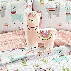 Lush Decor Southwest Llama Cactus Quilt, 3 Piece Set, Twin, White & Blush - Cute Kids Reversible Print Toddler Bedding Set