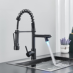 NeierThodore Kitchen Faucet with LED,Stainless Steel Single Handle Single Hole Kitchen Sink Faucet with Pull Down Sprayer,Spring Matte Black Kitchen Faucets