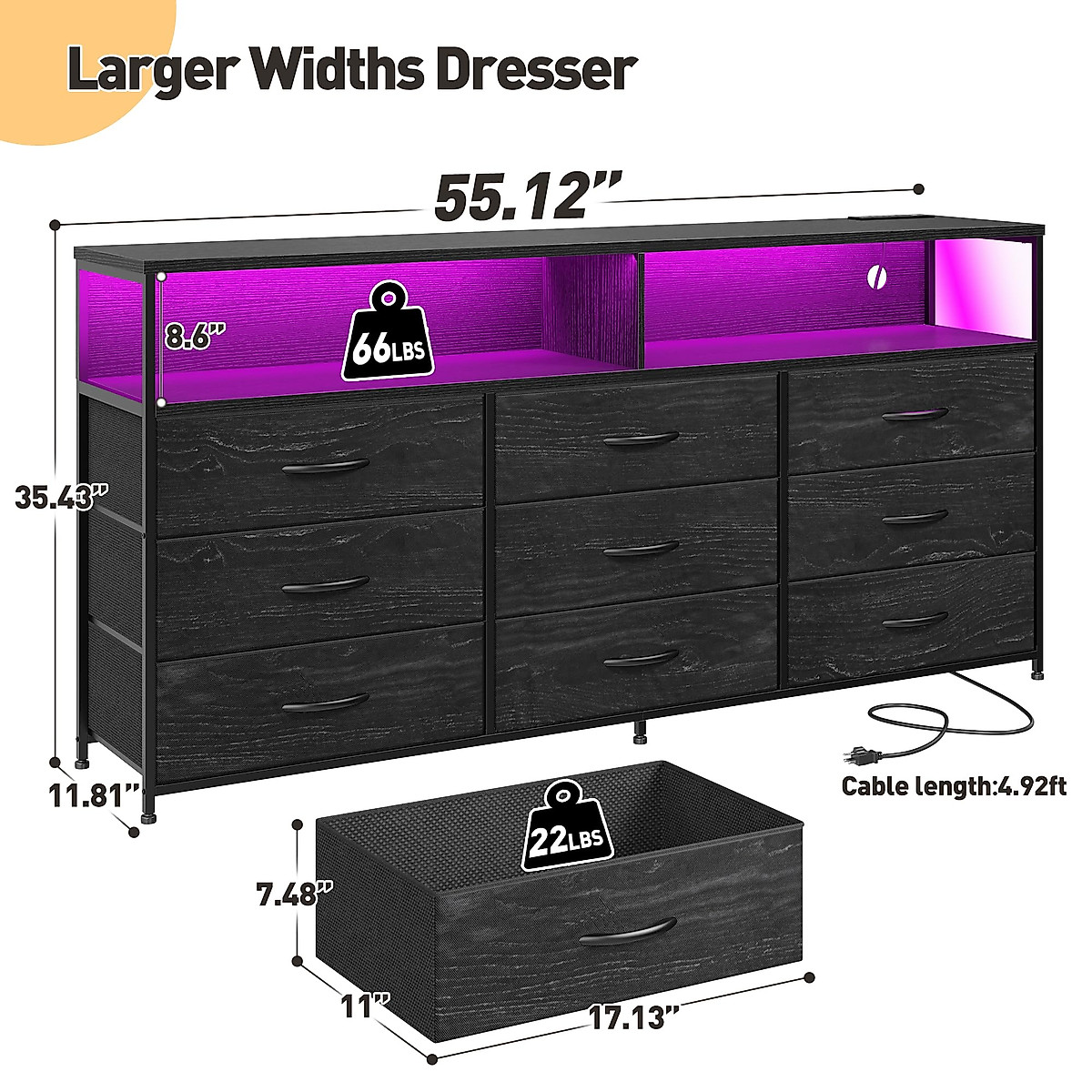 EnHomee 55” W Dresser, Black Dresser for Bedroom with Power Outlet & LED Lights 65" TV Stand for Bedroom Dresser with 9 Fabric Drawers, Sturdy Dressers for Bedroom, Closet, Entryway