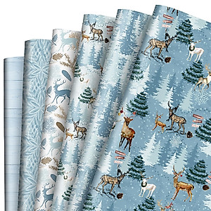 Whaline 12Pcs Christmas Wrapping Paper Winter Reindeer Gift Wrap Paper Bulk Folded Flat Blue Christmas Tree Decorative DIY Craft Paper, 20 x 28 Inch