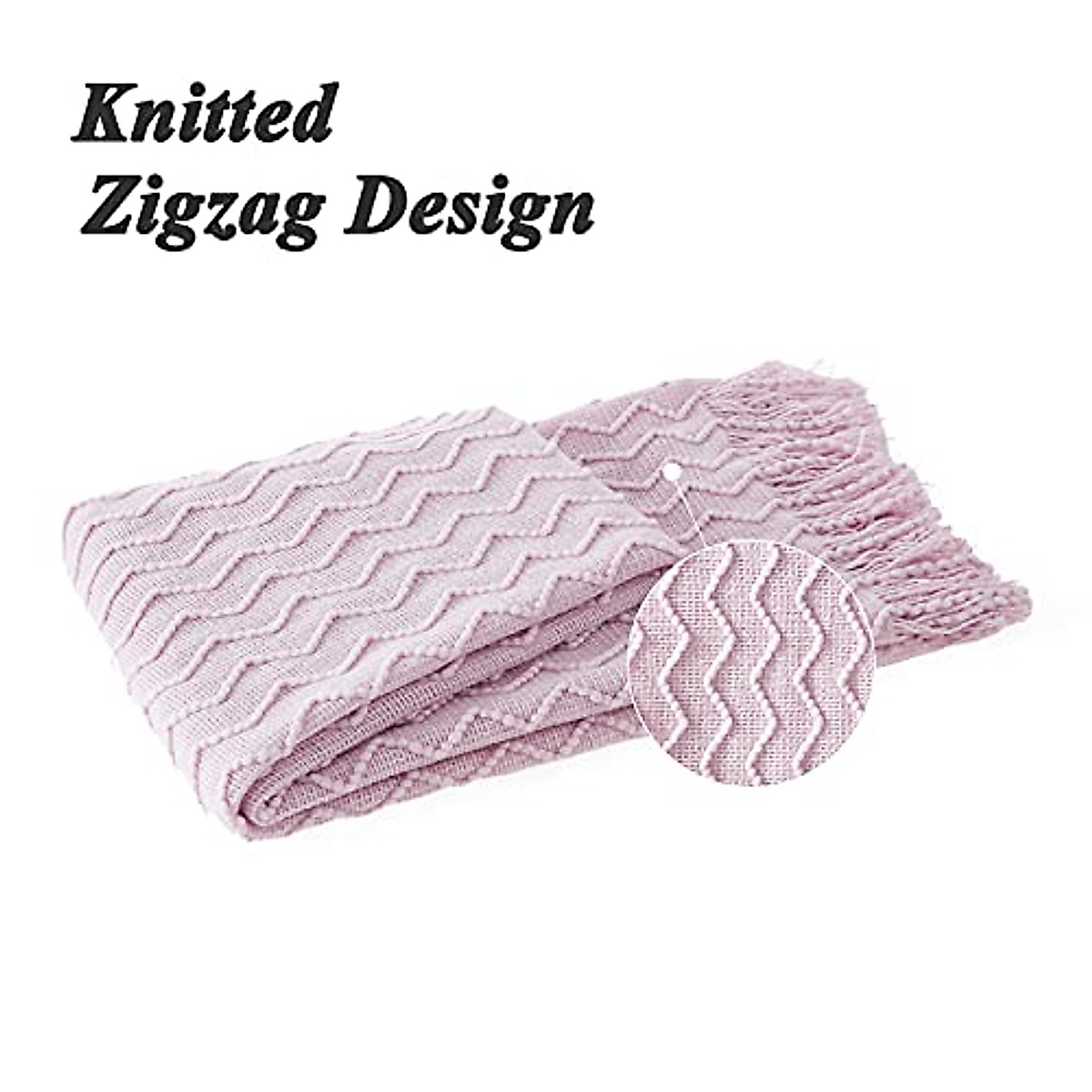NexHome Throw Blankets for Couch Purple Pink Decorative Knit Blanket with Tassel Fringe Soft Lightweight Zigzag Textured Boho Throws (50"x60" Light Lilac)