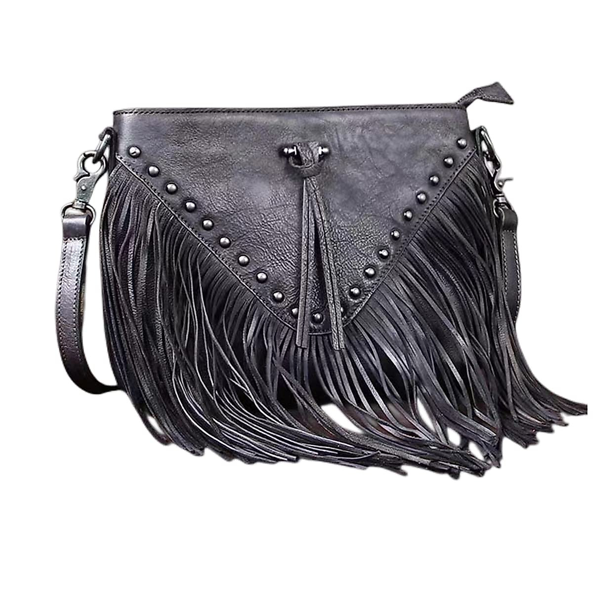 WIGUYUN Tassels Hippie Cross-body Purse Rivets Fringed Shoulder Handbag Casual Hobo Bags for Women,Black