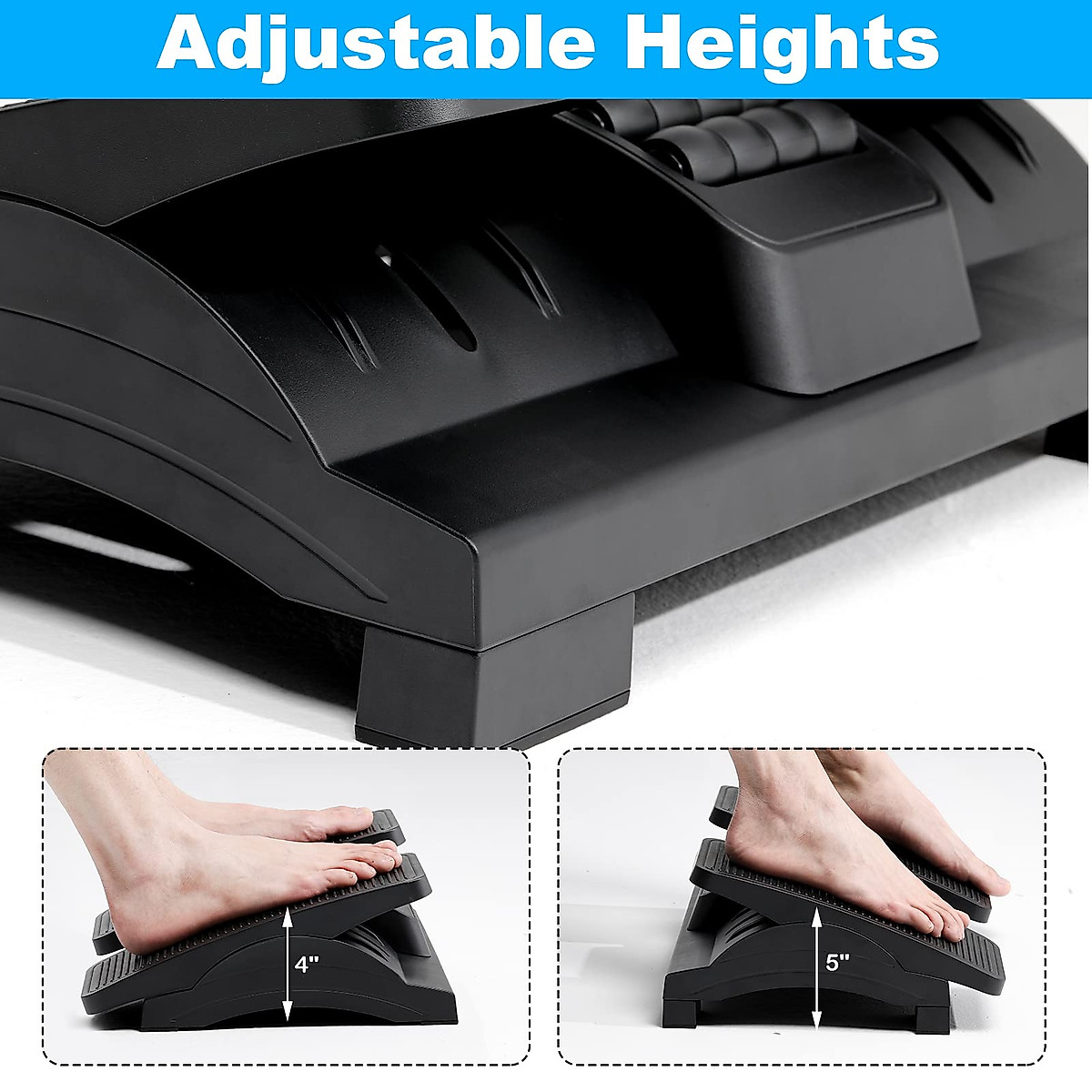 Adjustable Office Footrest for Under Desk Ergonomic Foot Stool Foot Rest Improves Posture and Circulation for Home Office with Massage Roller Non-Slip, Black