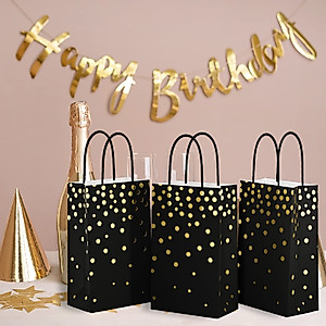 ECOHOLA Black and Gold Foil Paper Gift Bags with Black Handles, 25 Pieces Metallic Gold Foil Polka Dot for Presents, Retails, Christmas or New Year Party Favors, 9"x5.5"x3.2