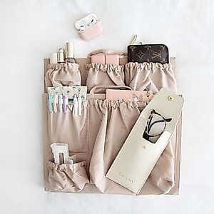 ToteSavvy Original Bag Organizer (14" L x 10" H) - 11 Pocket Tote Insert - For Travel, Work, Baby and More (Original Almond)