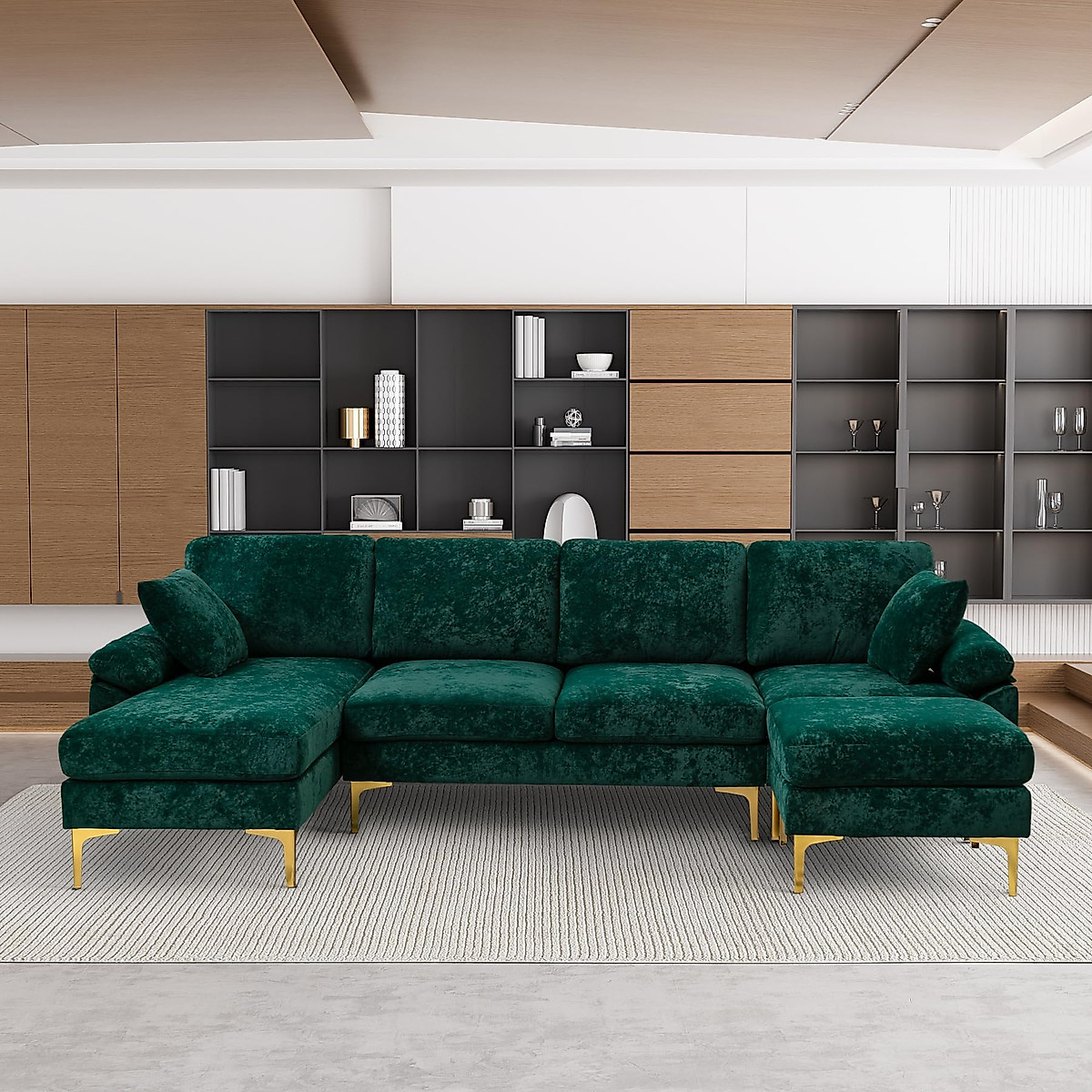 OUYESSIR U-Shaped Sectional Sofa Couch, 4 Seat Sofa Set for Living Room, Convertible L-Shaped Velvet Couch Set with Chaise Lounge, Ottoman and Pillows,114 inches (Emerald Green)