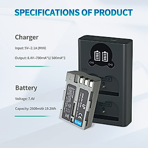 LP EN-EL3e Battery 2-Pack Dual USB Charger with Display for Nikon EN EL3e, EL3, EL3a, MH-18, MH-18a, MH-19, Compatible with Nikon D700, D300s, D300, D200, D100, D90, D80, D70s, D70, D50 & More