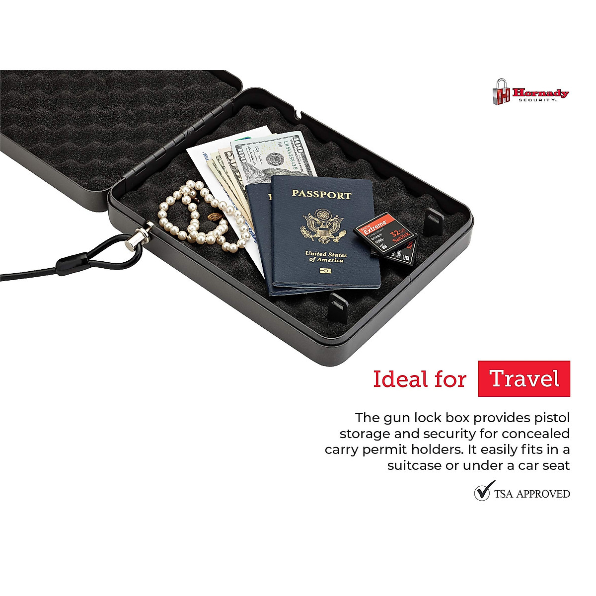 Hornady Alpha Elite Portable Lock Box for Guns and Valuables – Includes 2 Keys and 4 Foot Steel Cable – Thick 16-Gauge Steel, An Ideal Car Lock Box or Truck Safe – Black, 10.25 x 8 x 2.75 Inches