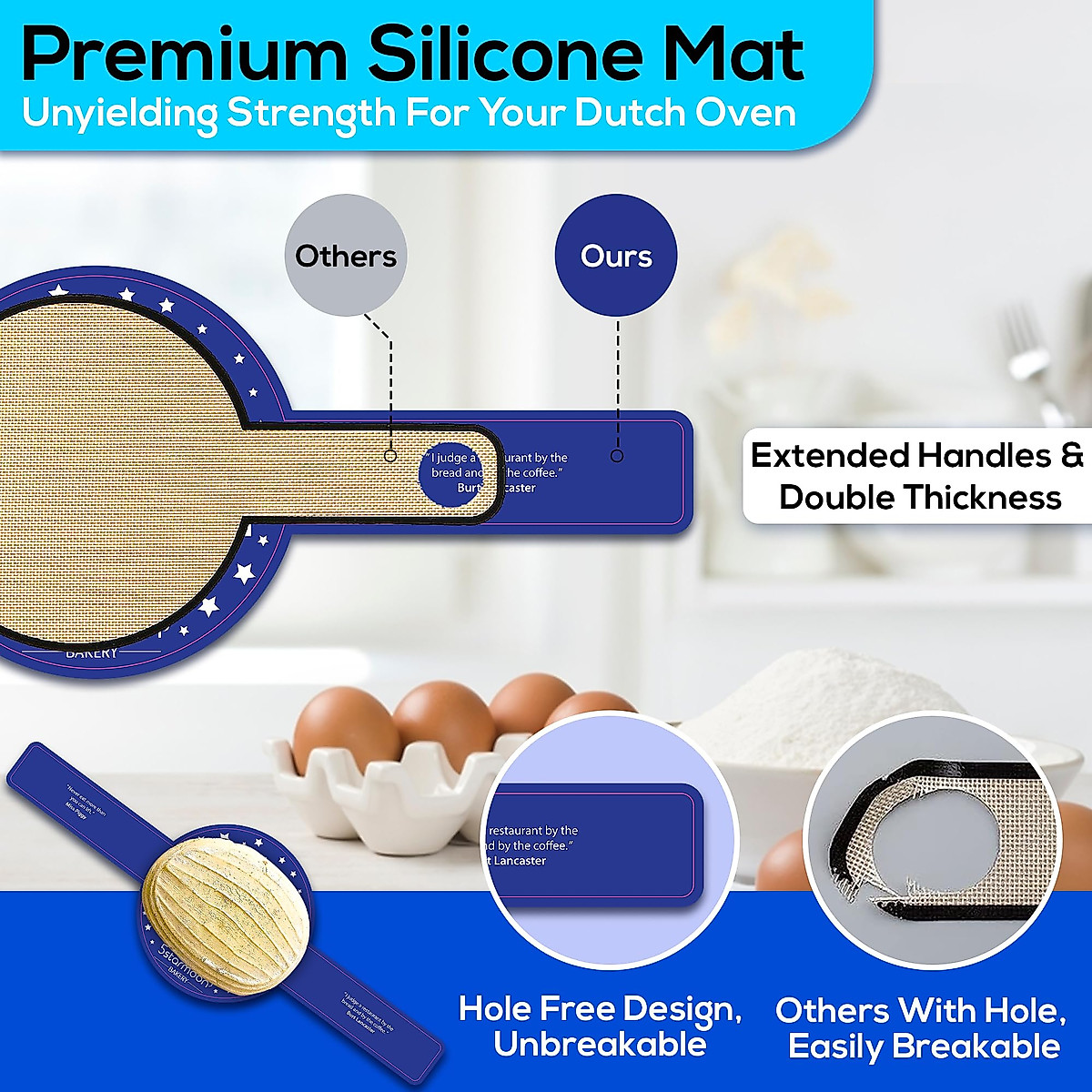 Silicone Bread Sling Dutch Oven Liner-Extra Thick Non-Stick Reusable Silicone Sourdough Bread Baking Mat with Long Handles, Sourdough Bread Baking Supplies (BlueUSA)