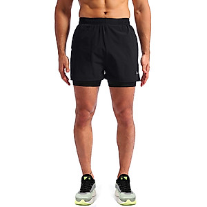 Pudolla Men’s 2 in 1 Running Shorts 5" Quick Dry Gym Athletic Workout Shorts for Men with Phone Pockets(Black Medium)