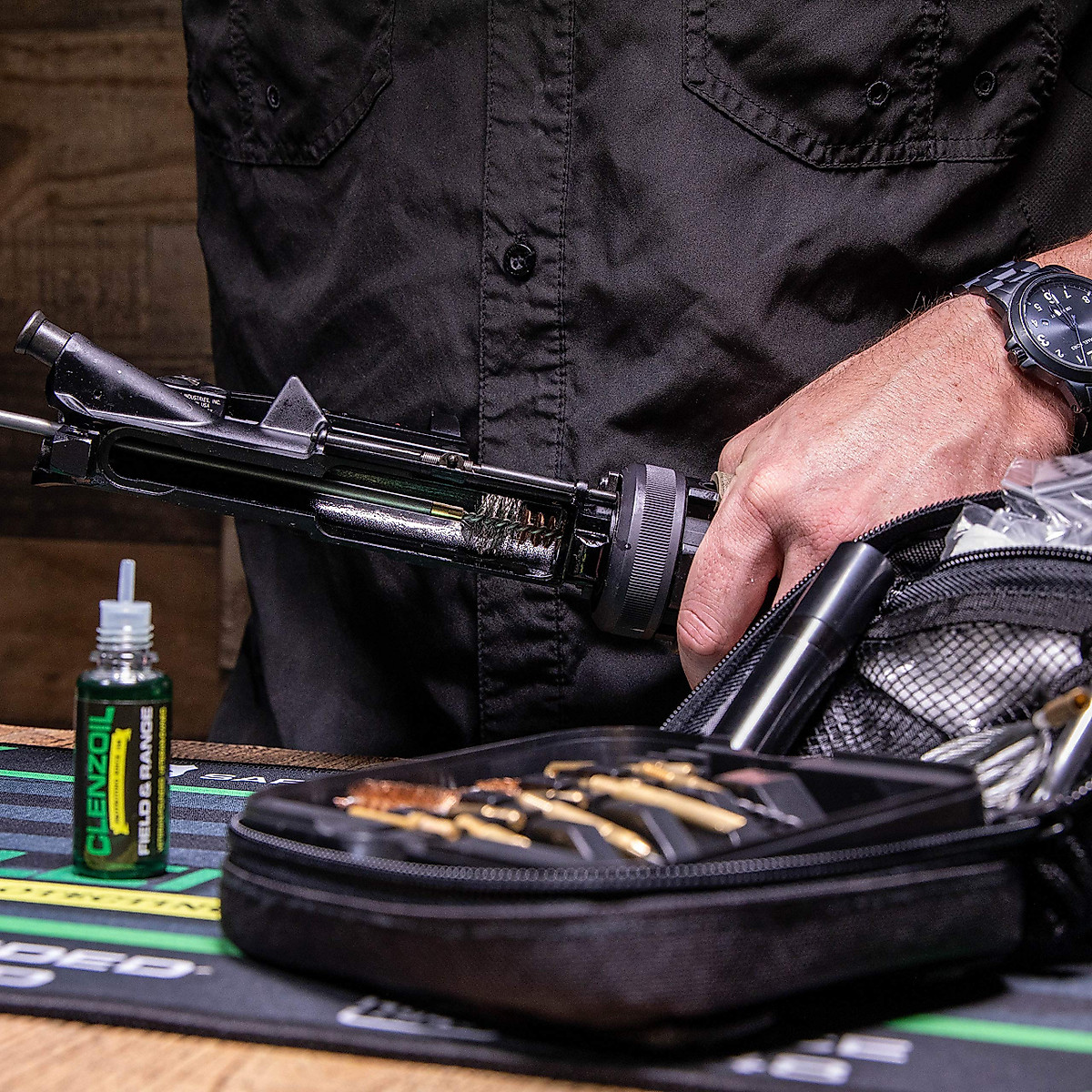 Clenzoil Field & Range Tactical Gun Cleaning Kit | Black | All-in-One Rifle & Pistol Cleaning Kit | Includes Field & Range CLP, Bore Brushes, Patches, Rod, Cable, Handle, Brush, Tools & More!