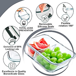 VERONES 5 Pack Glass Meal Prep Containers 2 Compartment Set, 36OZ Airtight Glass Lunch Containers, Glass Food Storage Containers with Lids, for Microwave, Oven, Freezer & Dishwasher Friendly,Grey