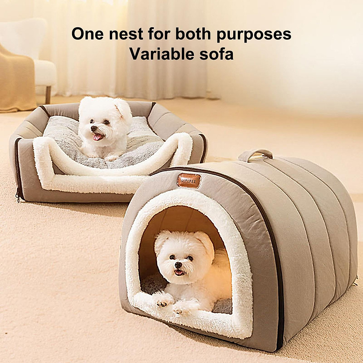 MCGOS Dog Bed Cave, 40x35x35cm Breathable Covered Dog Bed, Plush Dog Bed Cave, Washable Self Warming Pet Bed, Comfortable Warm Dog Hideaway Elastic Dog House for Cats Dogs Bunnies Rabbits Small Pets