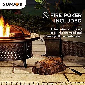 Sunjoy 40 in. Fire Pit for Outside, Patio Outdoor Round Wood Burning Firepit Table with Mesh Spark Screen and Fire Poker