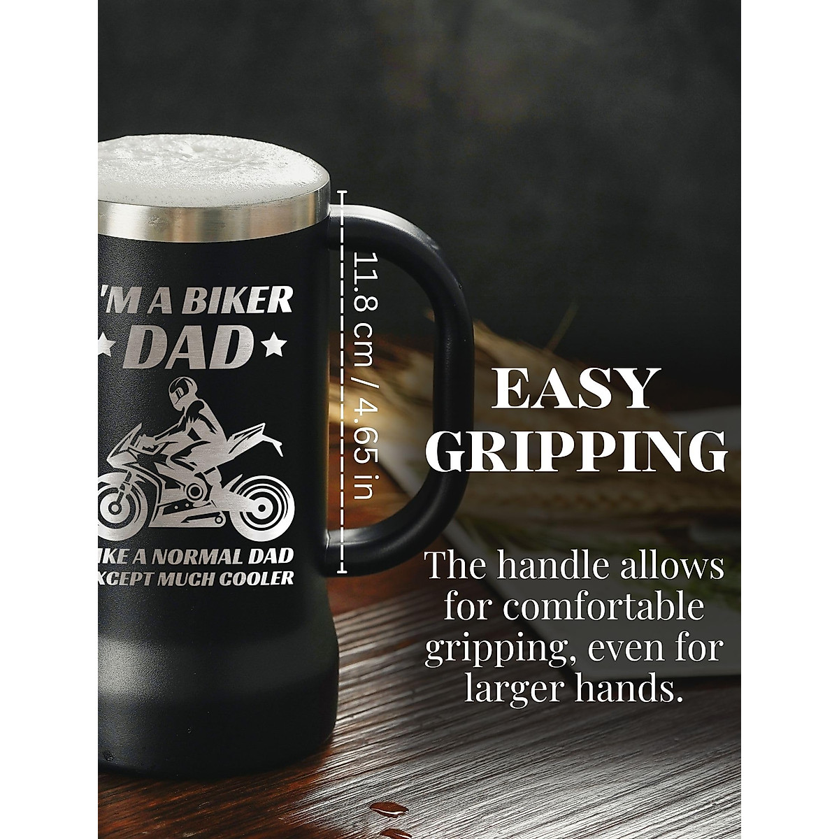 Onebttl Biker Dad Motorcycle Gifts for Men, Stainless Steel Beer Stein Tumbler, 24oz Beer Mug with Lid