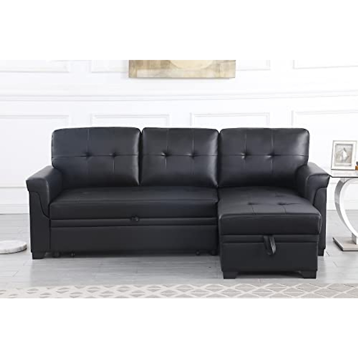 KELRIA L-Shape Reversible PU Leather Sleeper Sectional Sofa with Storage Chaise, Modern Corner Couch with Arms for Living Room, Home Furniture, Apartment, Dorm, Black