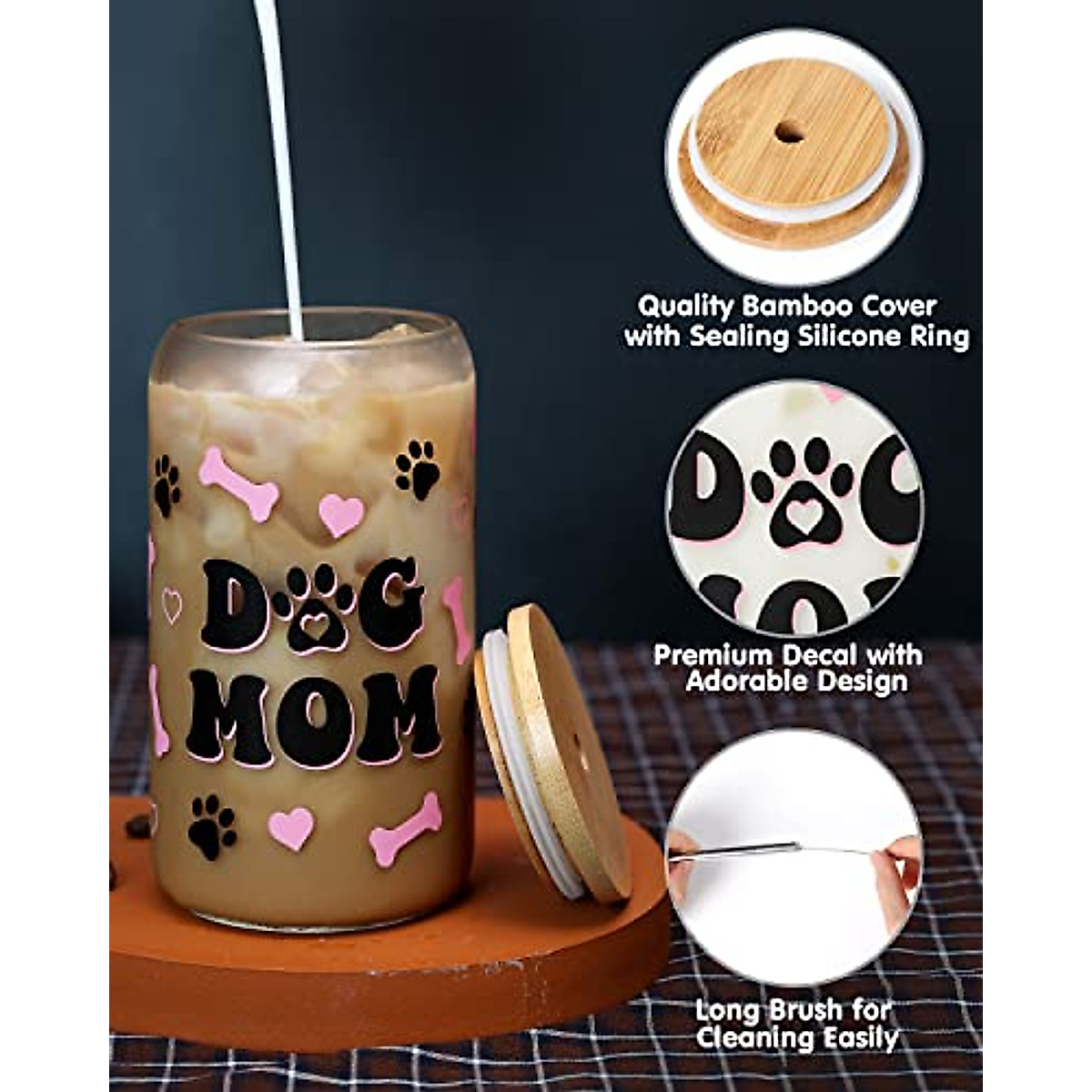 Dog Mom Gifts Beer Glass Can for Women 16oz Dog Paw Iced Coffee Cup with Bamboo Lid and Metal Straw for Dog Pets Lover Smoothie Wine Coffee Tumbler Cold Drinking Glass Birthday Gift Her Spring Summer