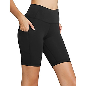 BALEAF Biker Shorts Women Yoga Gym Workout Spandex Running Volleyball Tummy Control Compression Shorts with Pockets 8" Black S
