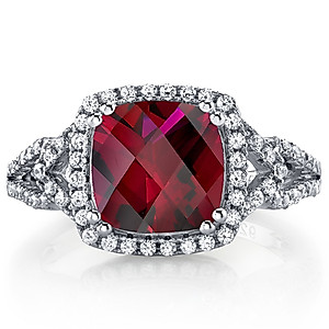 PEORA Created Ruby Enchanting Halo Solitaire Ring for Women 925 Sterling Silver, 3 Carats Cushion Cut 8mm, Size 8
