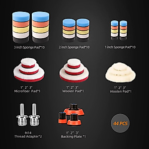 ZFE Car Foam Drill Polishing Pad Kit, 44Pcs 1inch 2inch 3inch Detail Polishing Buffing Pad Mix Size Car Detailing Kit with 5/8-11 Thread Backing pad & Adapters for Buffer Polisher Polishing, Buffing