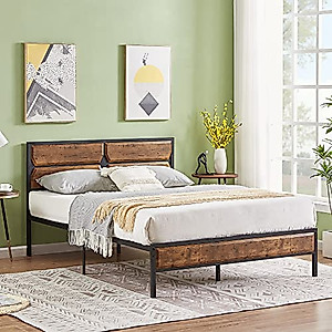 VECELO Queen Bed Frame Heavy Duty Metal Platform with Wooden Headboard Footboard Mattress Foundation 12 Strong Steel Slats Support Under Bed Storage/Easy Assemble