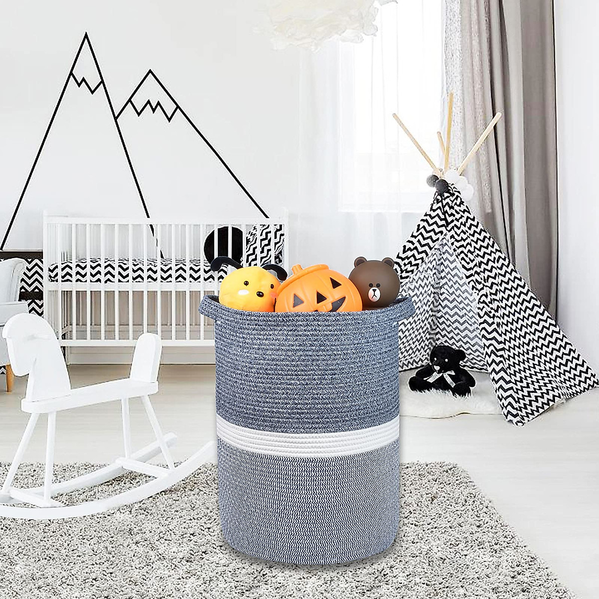 BOSROTY Large Blanket Basket, Tall Laundry Basket 72L, Nursery Hamper, Laundry Hamper, Clothes Basket Laundry, Large Storage Basket, Cotton Rope Basket, Toy Basket, 16”x 22”,Blend Navy Blue & White