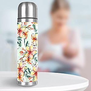 Stainless Steel Leather Vacuum Insulated Mug Tropical Plant Flower Thermos Water Bottle for Hot and Cold Drinks Kids Adults 16 Oz