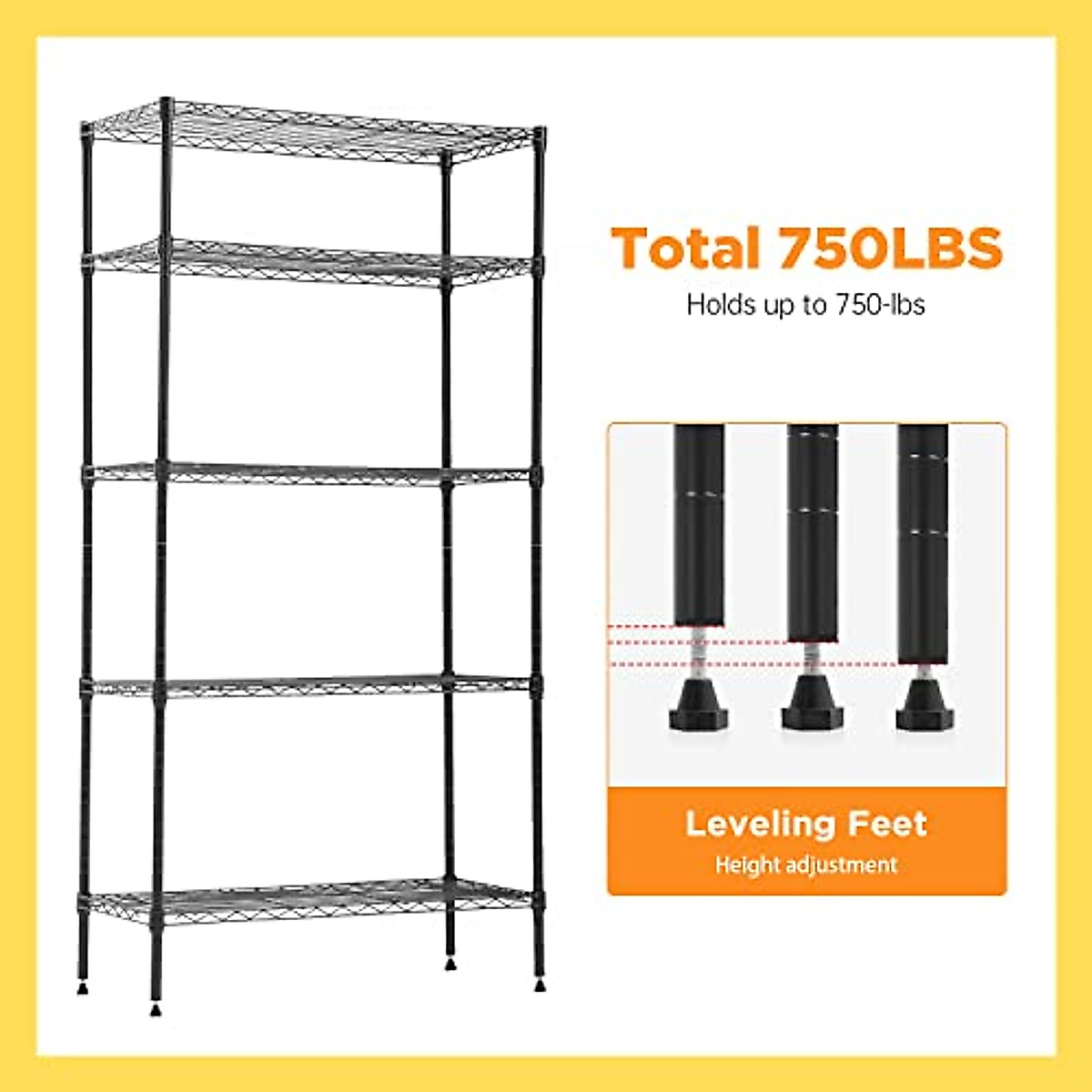 BestOffice 14"x30"x60" Storage Shelves Heavy Duty Shelving 5 Tier Layer Wire Shelving Unit with Wheels Metal Wire Shelf Standing Garage Shelves Storage Rack,Adjustable NSF Certified(Black)