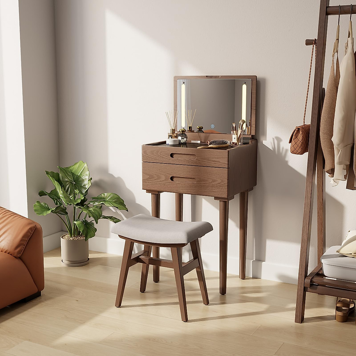 KASLANDI Solid Wood Vanity Desk with Flip Top Mirror & Lights, Small Makeup Vanity with Drawers, 3 Lighting Modes Adjustable Brightness, Vanity Table for Bedroom & Living Room (Walnut)