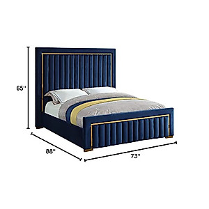 Meridian Furniture Dolce Collection Modern | Contemporary Velvet Upholstered Bed with Luxurious Channel Tufting and Gold Metal Trim/Legs, Queen, Navy